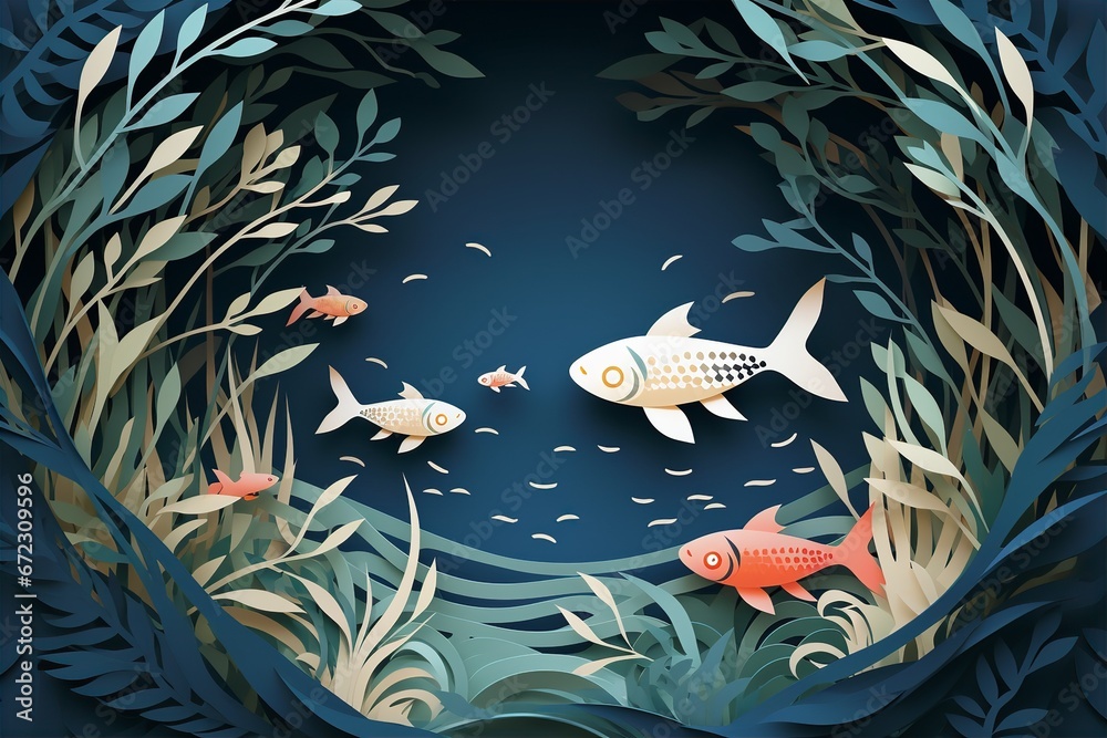 paper cutting art style of fish in pond in organic frame, nested shape ...