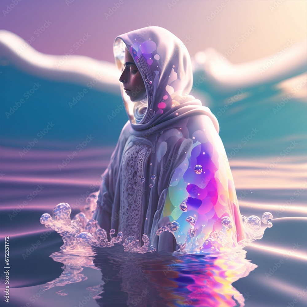 AI generated illustration of a female figure standing in shallow water ...