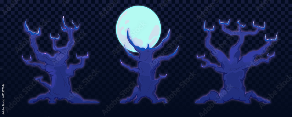 Magic tree, branchy old oak. Night trees under the moon. Isolated ...