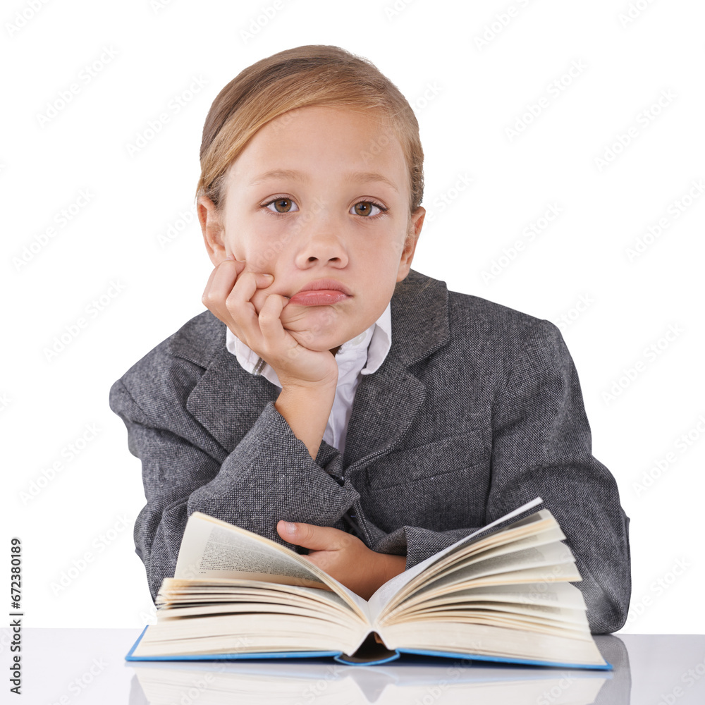 Book, education and portrait of bored girl child on isolated ...