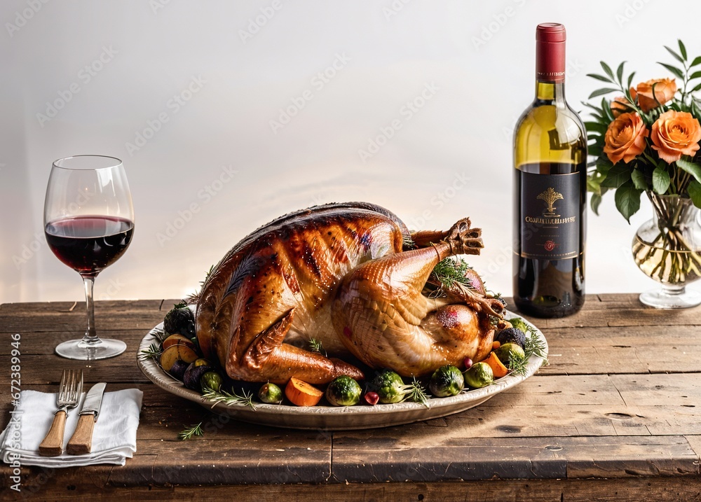 Thanksgiving dinner setup showcasing a roasted turkey, accompanied by ...