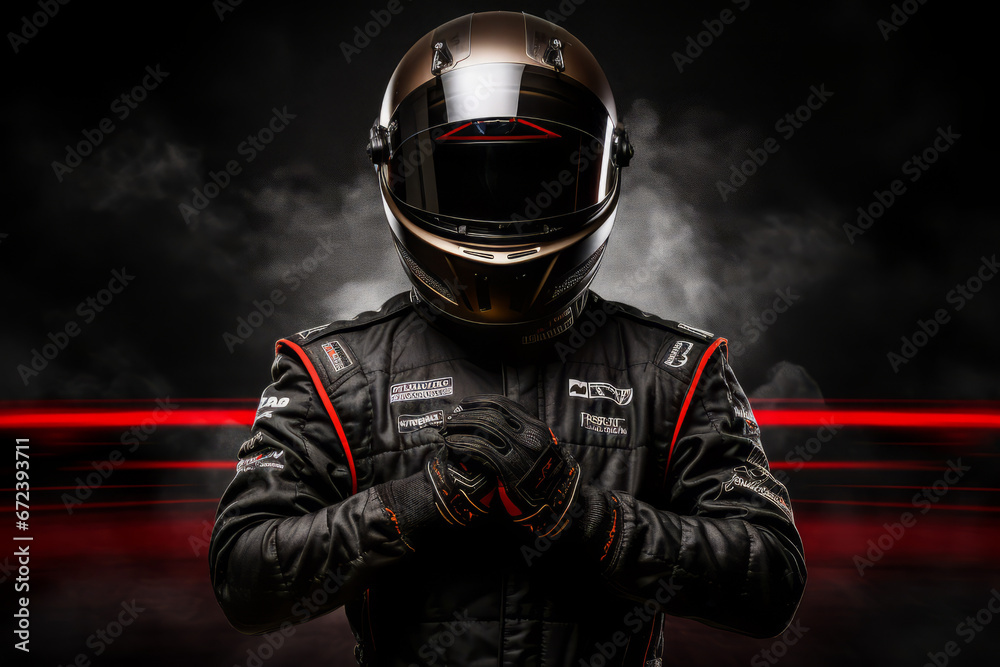 Male Racer wearing racing suit and helmet, with dark background Stock ...
