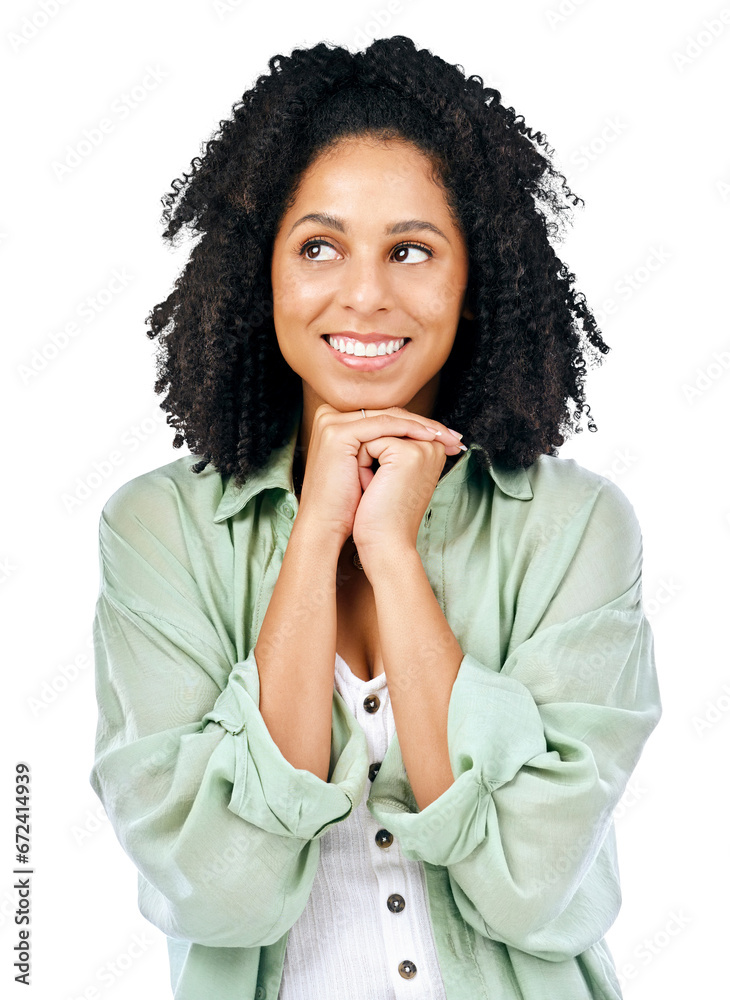 Happy, thinking and woman with solution, question and person isolated ...
