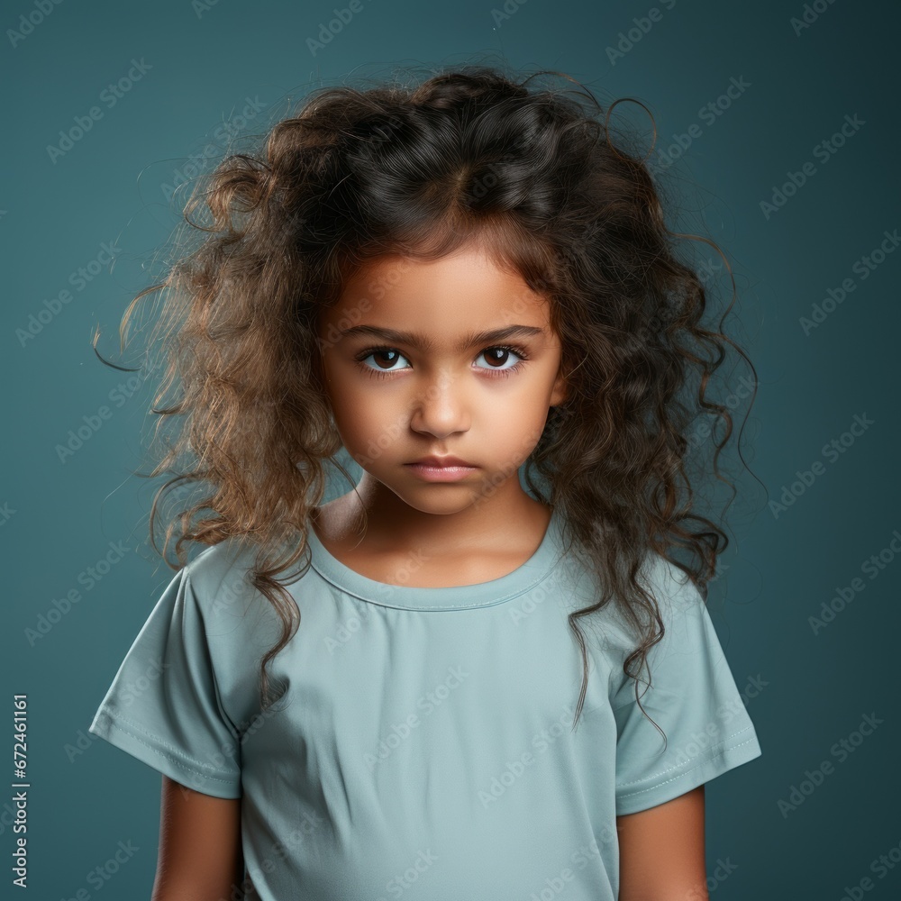 Illustration Stock Portrait of an angry little girl with wavy brown hair. Closeup face of a ...