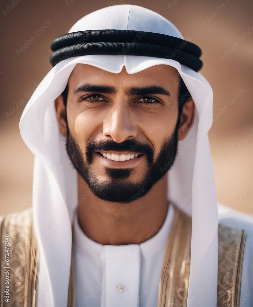 Middle aged Muslim man with a handsome face, dressed as a Saudi Arabian ...
