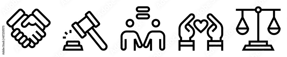 Conjunto de iconos de justicia social. Apretón de manos, martillo de ...