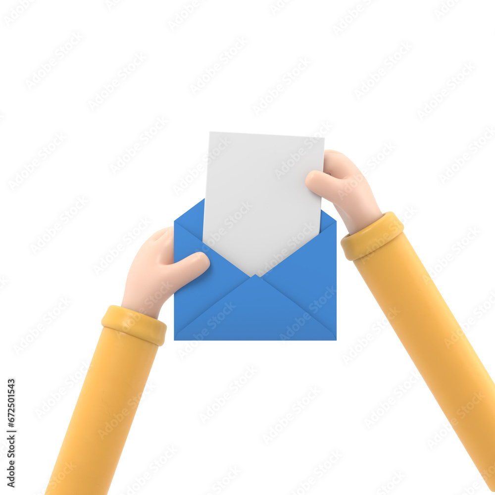 Cartoon Gesture Icon Mockup.hand pulls from envelope a sheet of empty ...