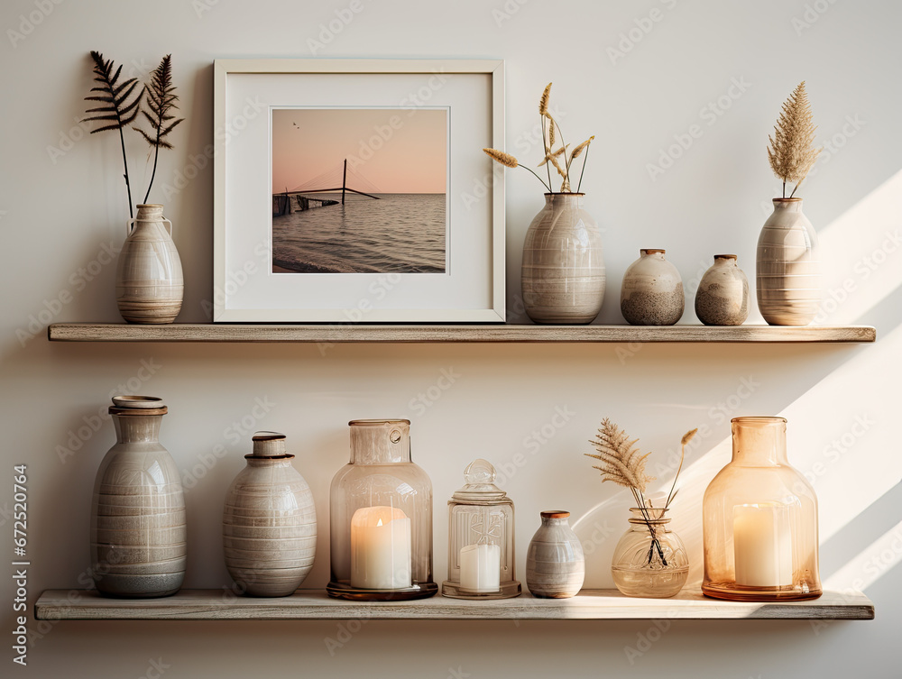 Nautical Wood Floating Shelf with Maritime Frames and a Lighthouse ...