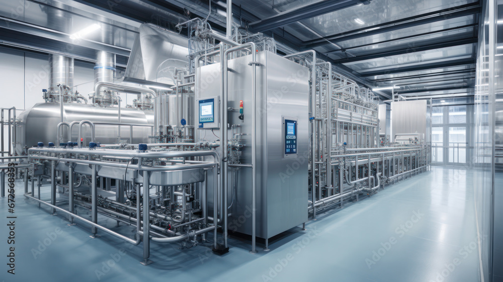 Equipment dairy plant, milk factory industry. Stainless steel storage ...