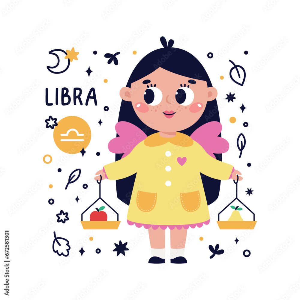 Colorful card with Libra zodiac sign. Kids characters with Astrological ...