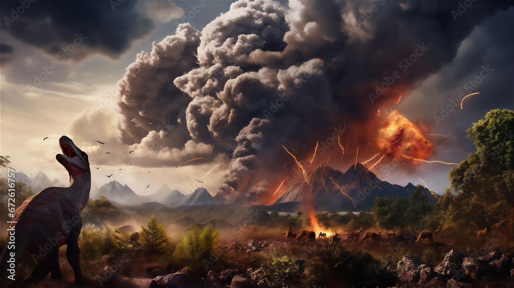 Illustration of the era of dinosaurs becoming extinct, ancient forest ...