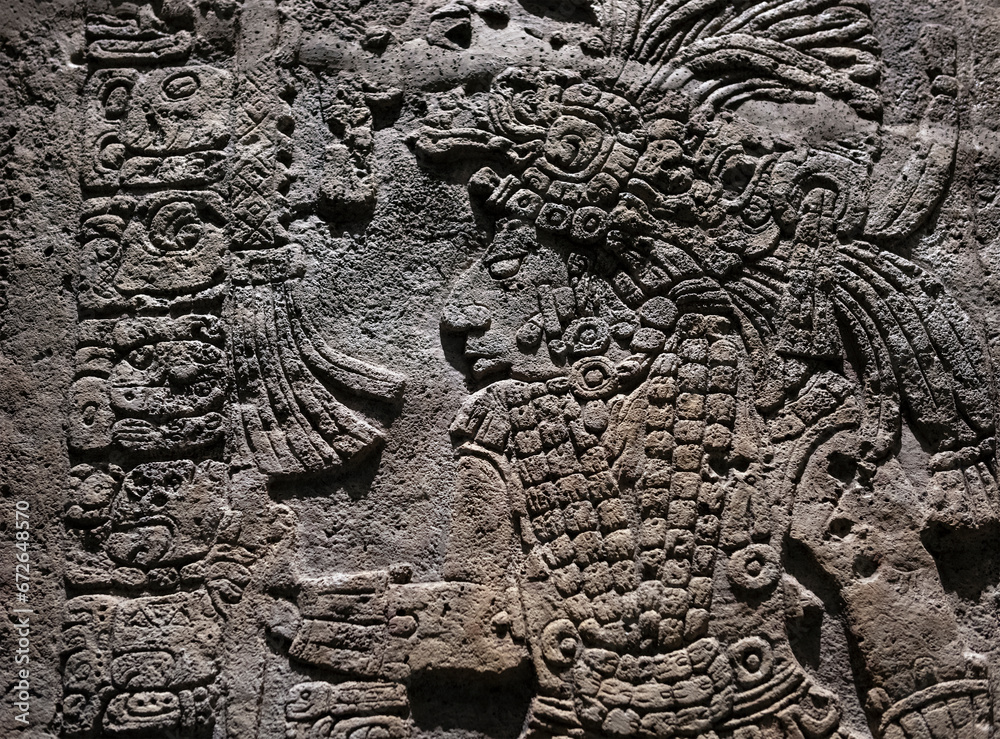 Photo Stock Bas relief carving in a stele tombstone of a mayan ruler ...