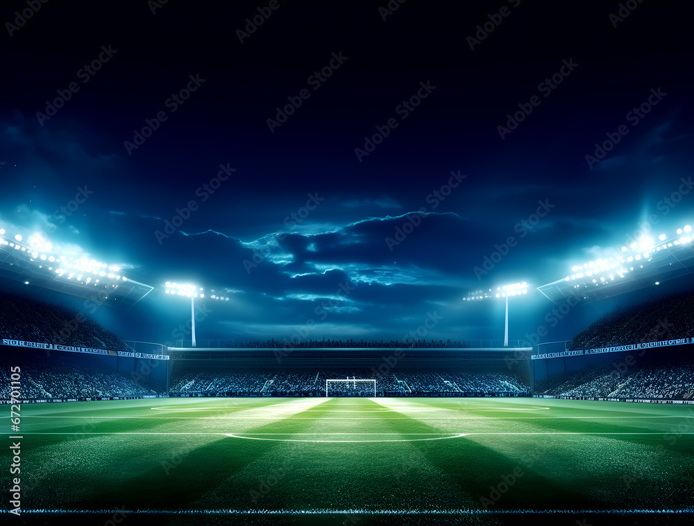 Football field with spotlight, green grass and night sky, Soccer ...
