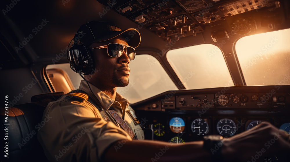 Aviator inside airplane cockpit cabin. Pilot sit front dashboard ...