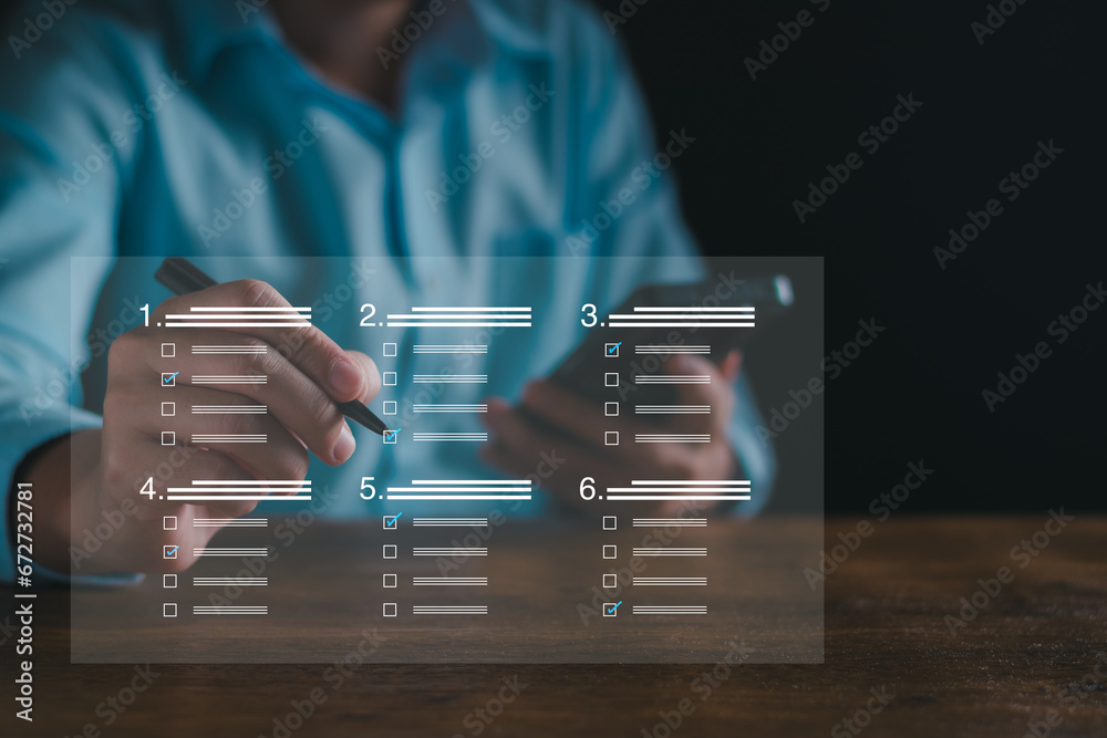 Check list concept. Businessman tick off questionnaire, survey, test ...
