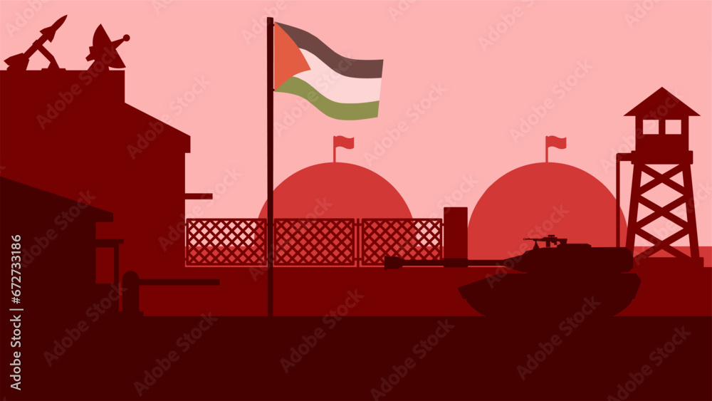 Palestine military base landscape vector illustration. Silhouette of ...