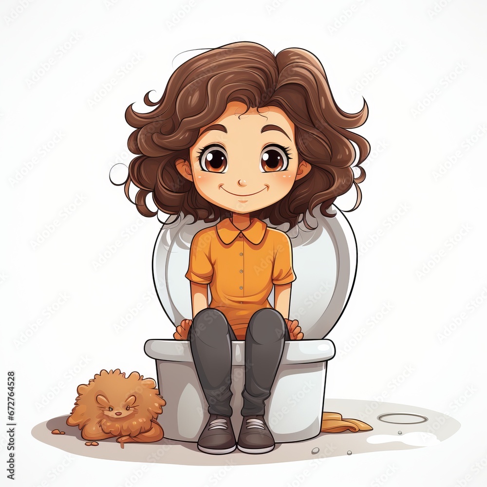 Cartoon girl in the restroom on the toilet with diarrhea and ...