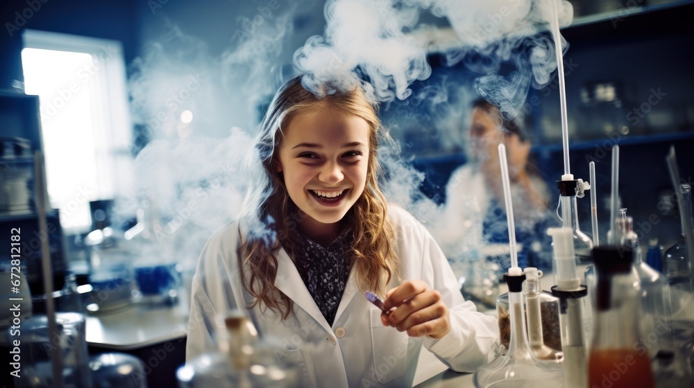 Funny children at laboratory for science test, Laughing for blast and ...