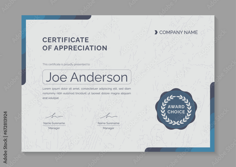 a4 blue minimalist certificate of appreciation and achievement design ...