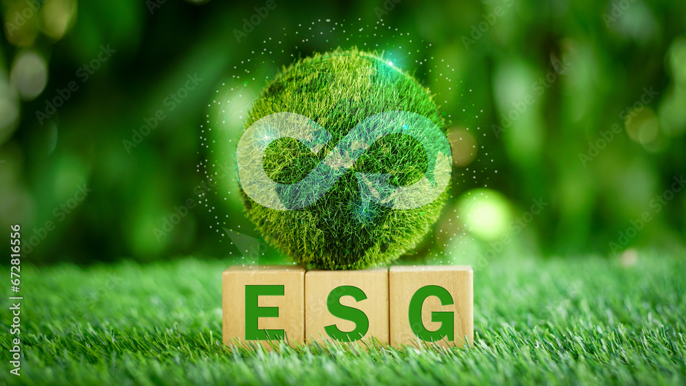 ESG text on wooden dice and green grass earth globe with ESG smart icon ...