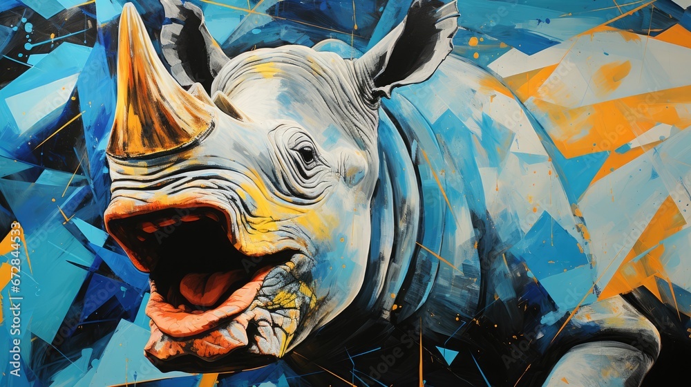 a painting of a rhinoceros with a party hat on it's head and its mouth ...