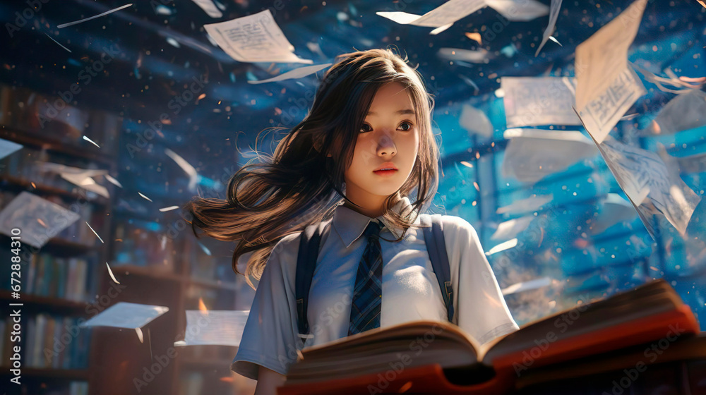 Surprised Asian school student with floating flying levitating books ...
