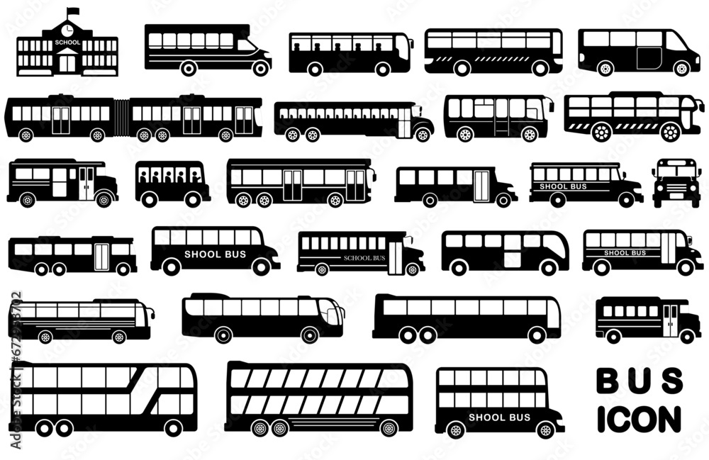 Vector set illustration of simple deformed various types of bus icons ...