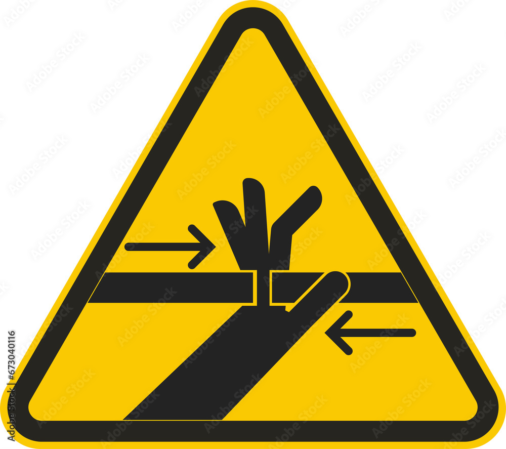 Yellow triangle safety danger sign of hand pinched on elevator, train ...