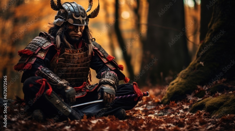 In this evocative image, an enigmatic samurai, adorned in traditional ...