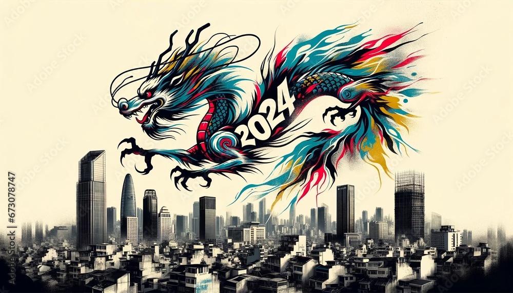 A fierce Chinese dragon coils dynamically around the year "2024 ...