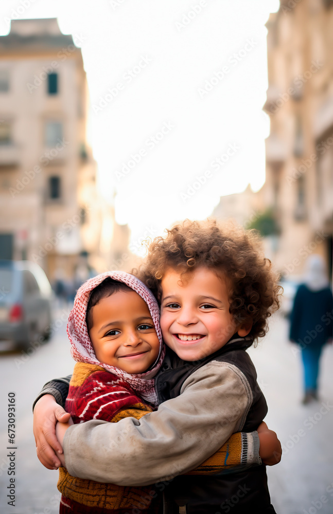 Arab and Jewish children embracing in a hug of peace, smiles on refugee ...