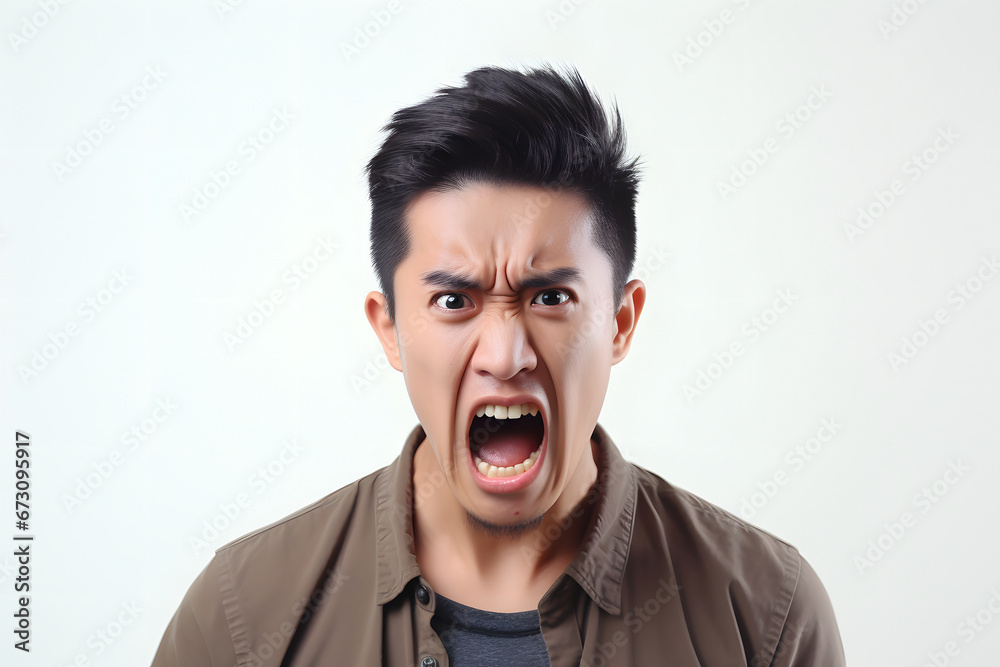 Angry mature Asian man with glasses yelling, head and shoulders ...