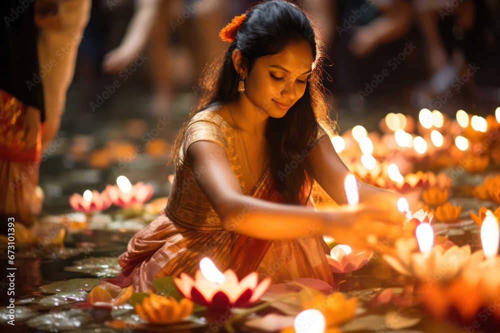native woman at lantern festival Loi Krathong. traditional Thai ...