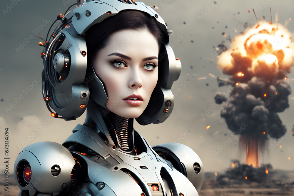 War Robot Cyborg woman, beautiful woman face, with gun, with nuclear ...