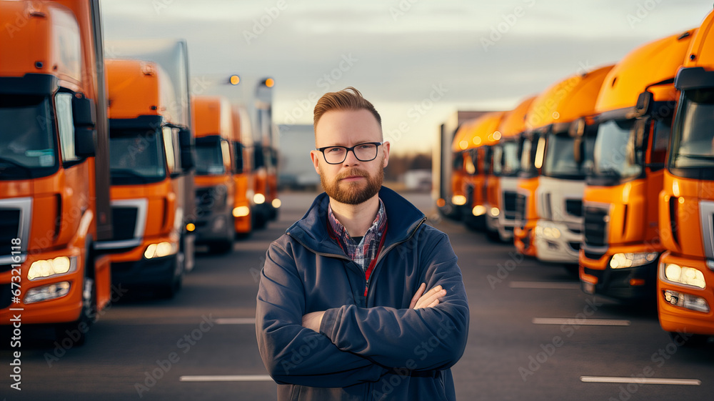 Transport coordinator stands in front of a fleet of transport trucks ...