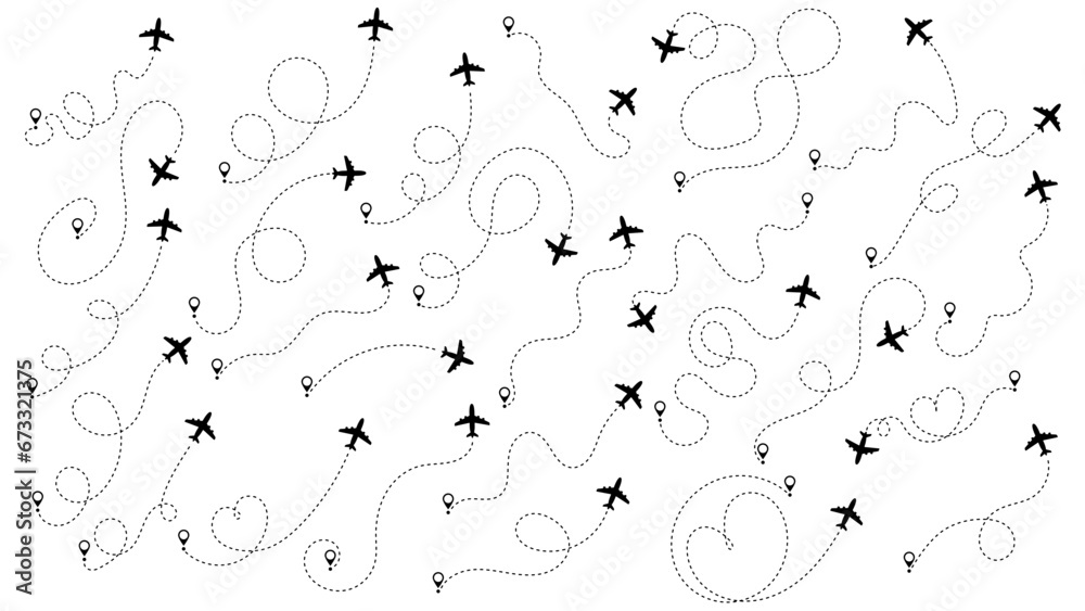 Airplane or aeroplane routes path set. Travel concept from start point ...