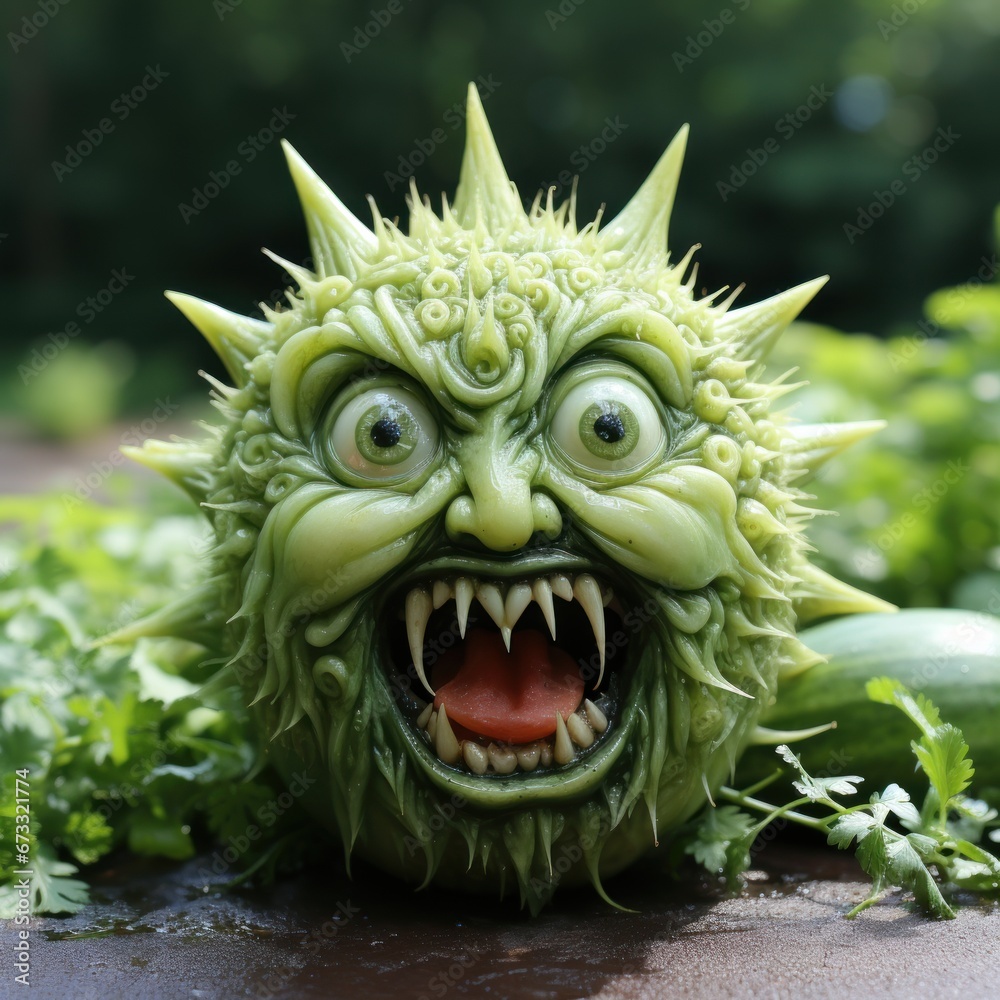 The red apple shape with the green costume displays a strange face ...