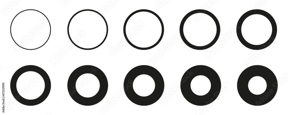 Circle set from thin to thick line, set of geometric shapes form ...