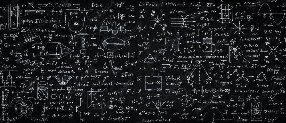 Wide blackboard inscribed with scientific formulas and calculations in ...