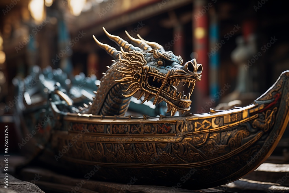 Sculpture of a Chinese dragon in a boat made of precious metal ...