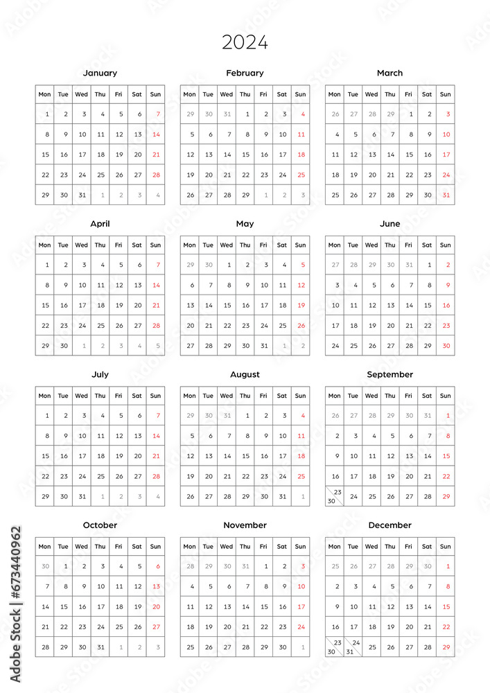 Calendar 2024 yearly, A4 size, vertical orientation. Simple high ...
