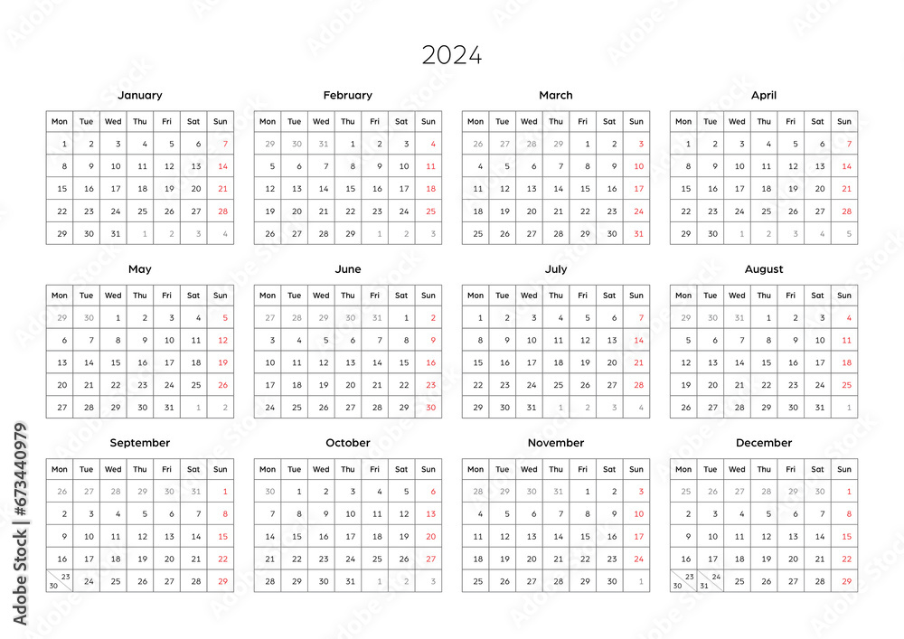 Calendar 2024 yearly, A4 size, horizontal orientation. Simple high ...
