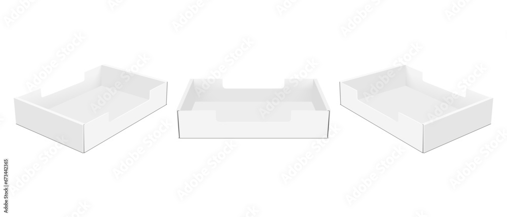 Empty Tray Mockup. Cardboard Boxes Front and Side View, Isolated On ...