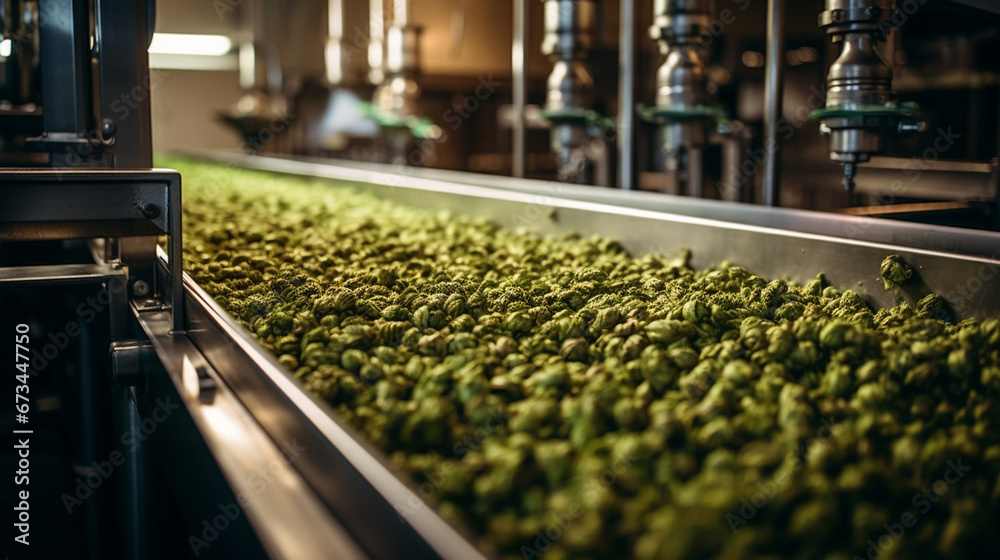 The conveyor belt in action, up close, with aromatic hops and roasted ...
