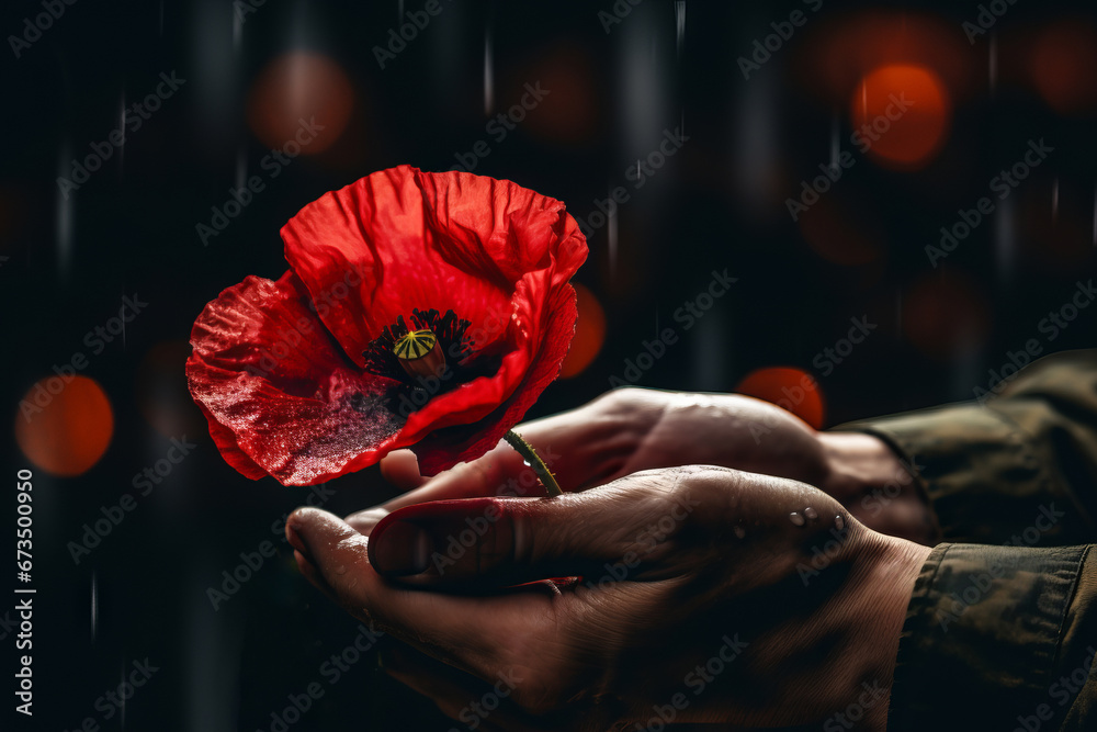 Soldier hands holding one wild red poppy flower. Remembrance Day ...