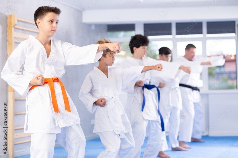 Focused teenage boy with group of karate practitioners wearing white ...