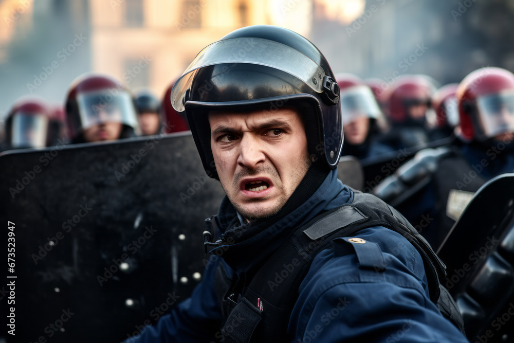 Foto de Stock Police confronting angry crowds. Protesters behaving ...
