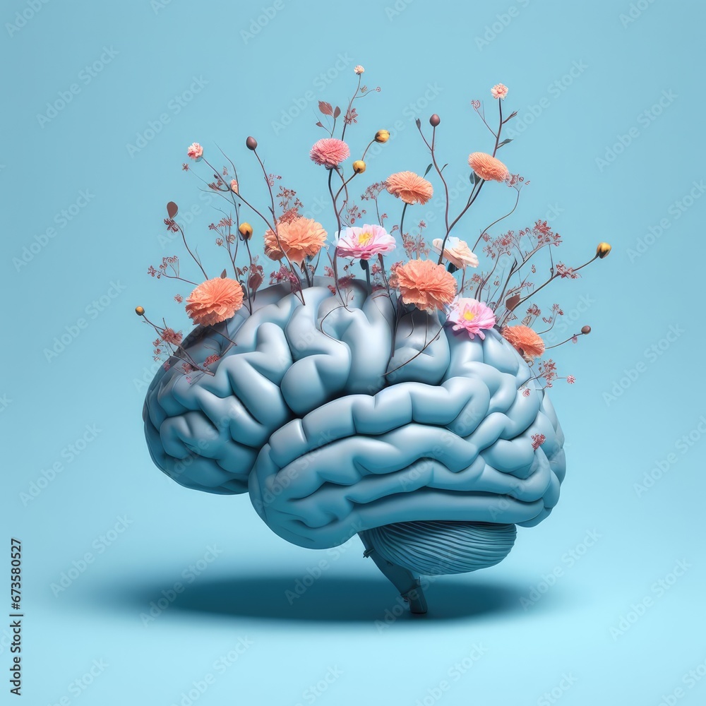A surreal image of a brain with flowers and branches growing out of it ...