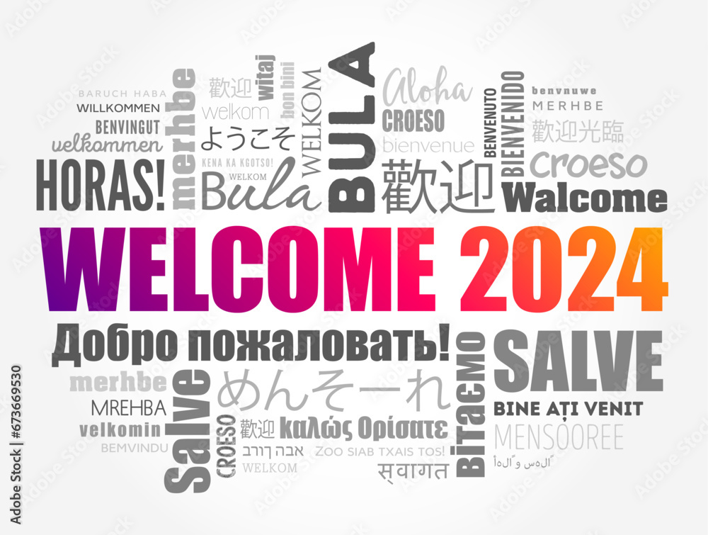 WELCOME 2024 word cloud in different languages, conceptual background ...