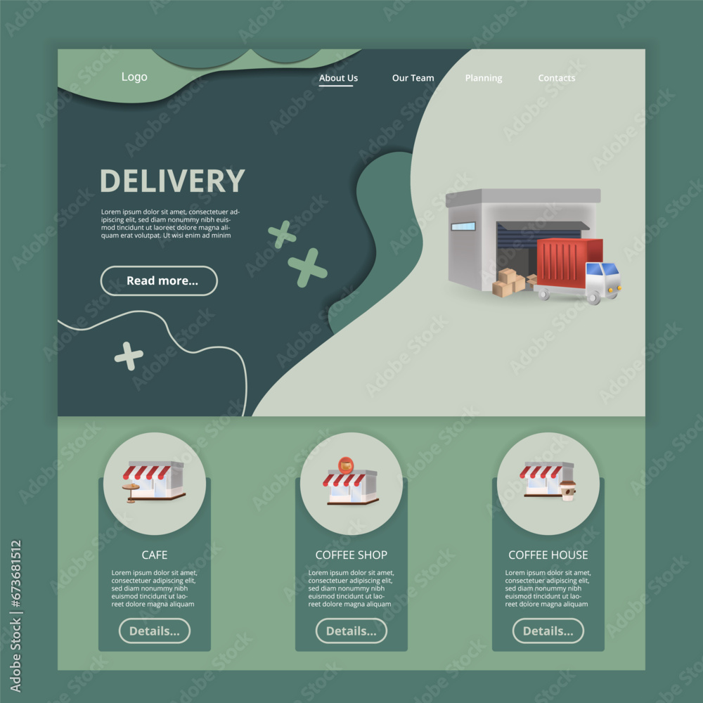Delivery flat landing page website template. Cafe, coffee shop, coffee ...